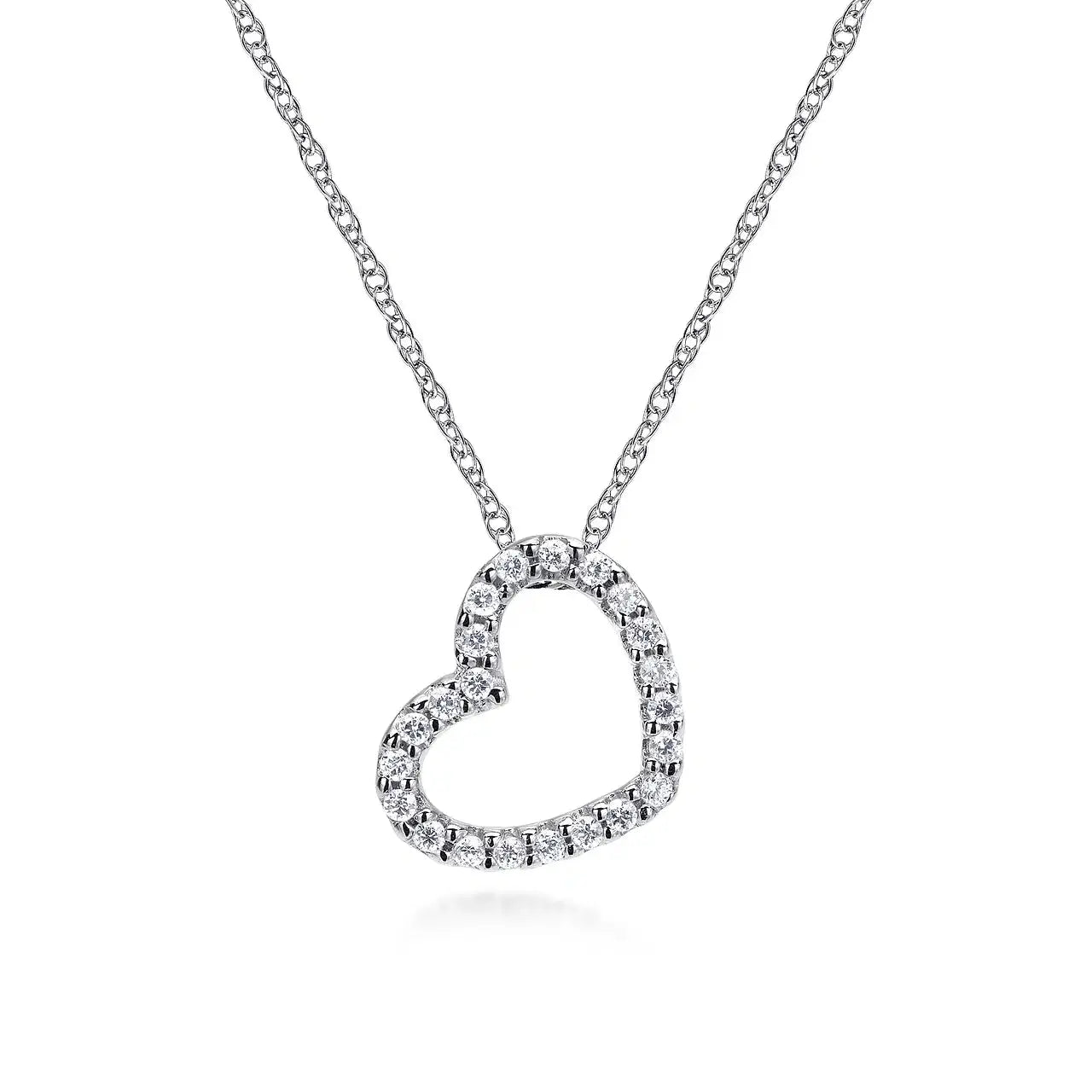 14K White Gold Pavé Diamond Sideways Open Heart Necklace